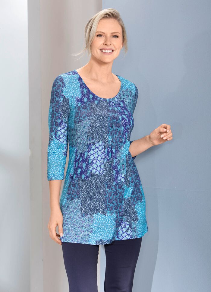 Lång skjorta med veck fram i 3 färger - BLAU-BUNT