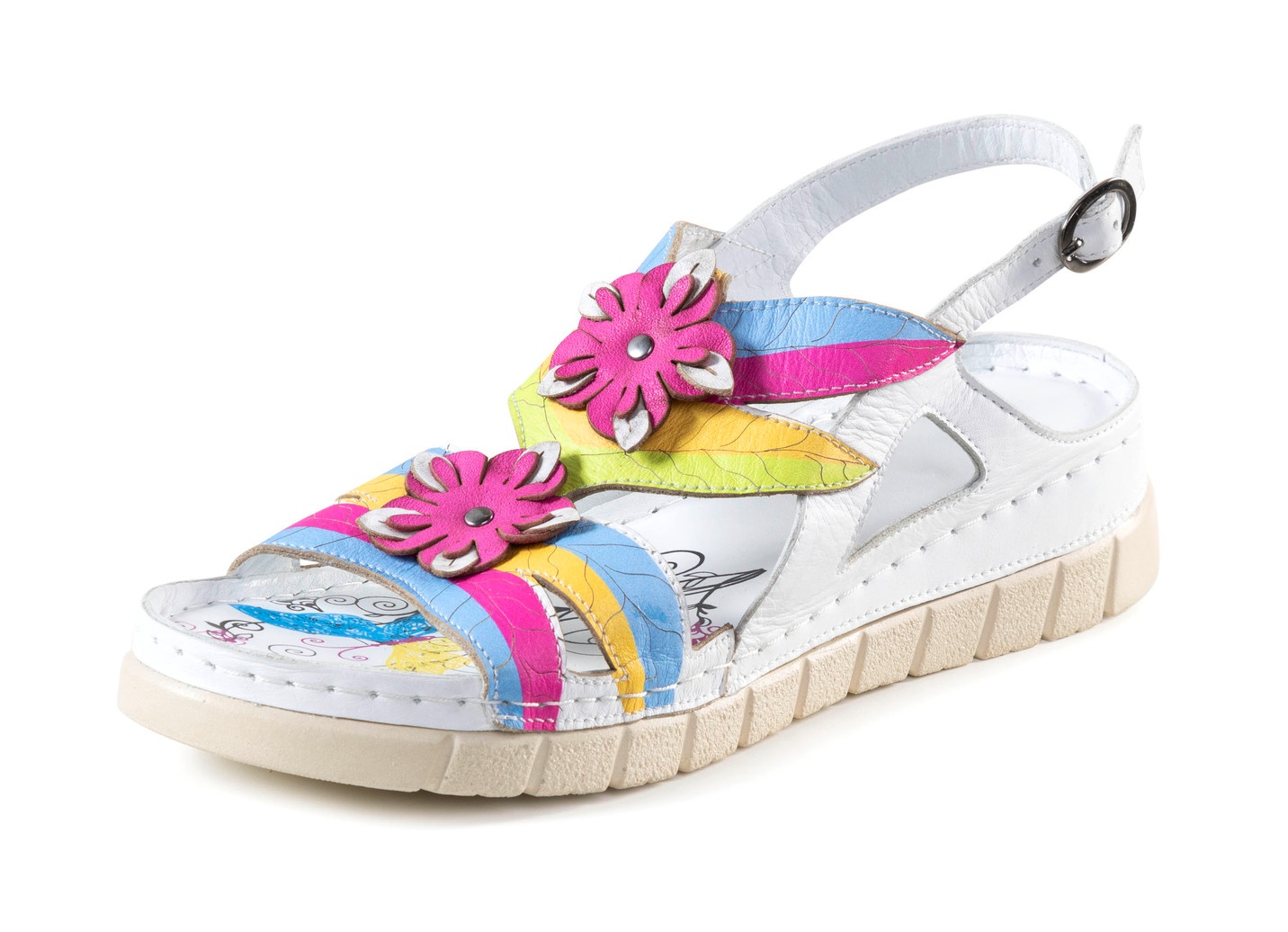 Gemini sandal med dekorativa läderblommor - WEISS-MULTICOLOR